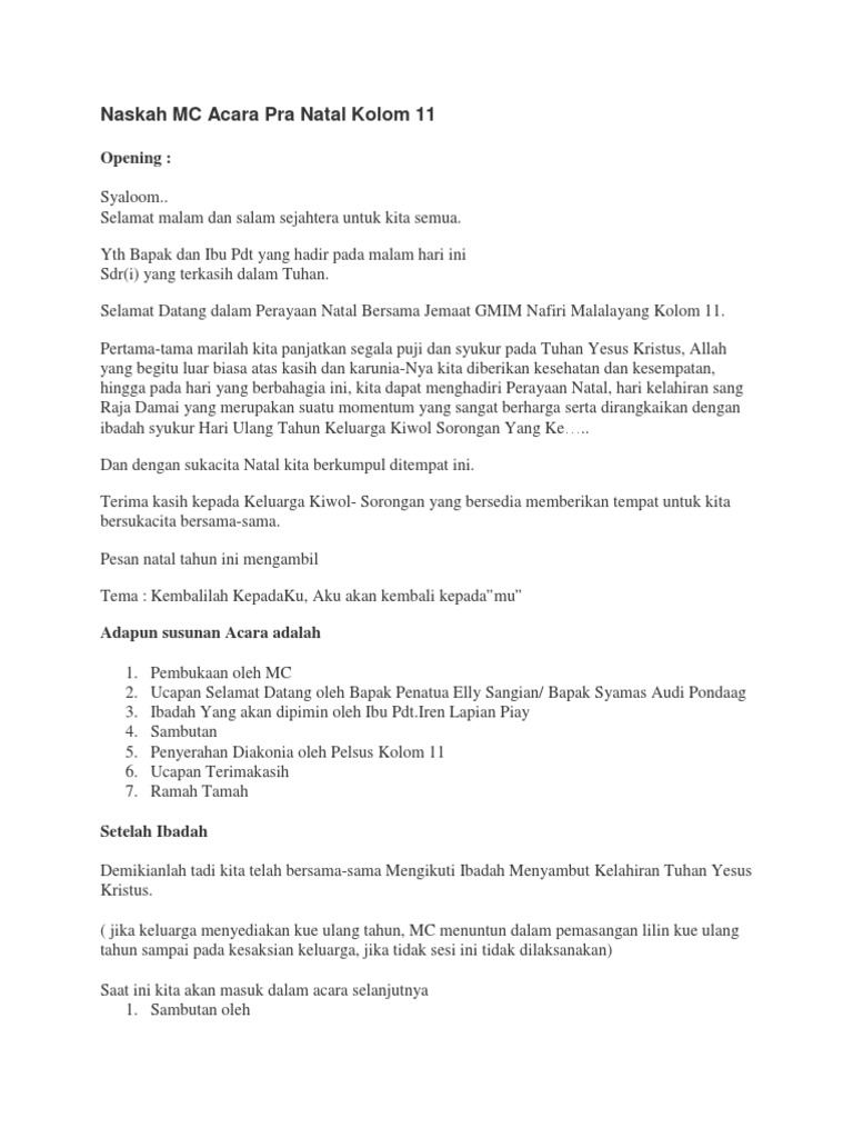 Naskah MC Acara Pra Natal Kolom 11 | PDF | Agama & Spiritualitas