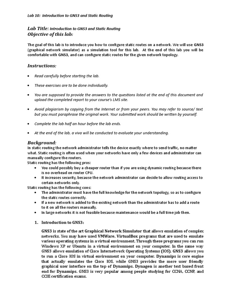 Lab 10 Introduction To GNS3 and Static Routing | PDF | Command Line ...