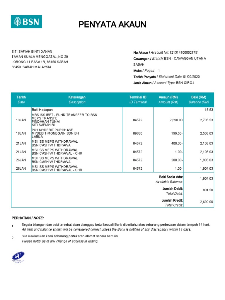 BSN Account Statement - Siti Safiah | PDF | Banking | Accounting