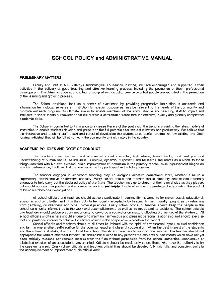 7.1 School Policy & Administrative Manual | PDF | Teachers | Surety Bond