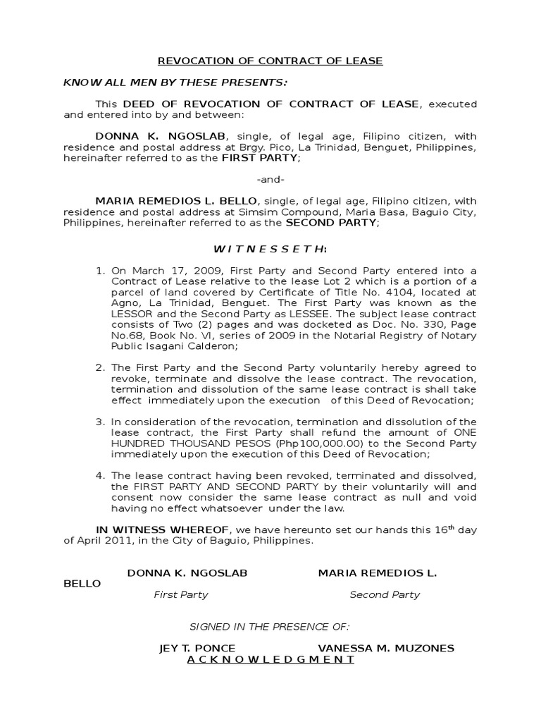 Revocation of Contract of Lease | PDF