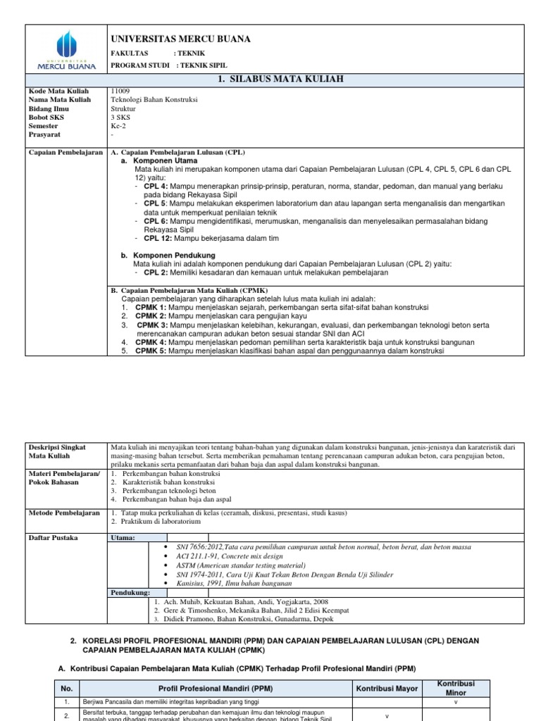 Silabus Teknologi Bahan Konstruksi | PDF