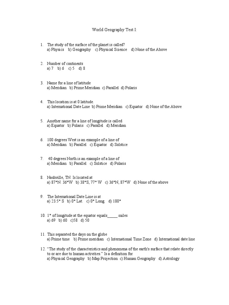 World Geography Test I 2008 | PDF | Latitude | Equator