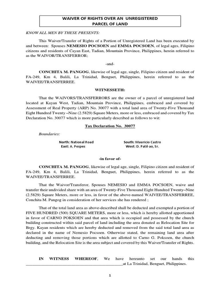 WAIVER OF RIGHTS OF UNDIVIDED SHARE IN THE UNREGISTERED PARCEL OF LAND ... WAIVER OF RIGHTS OF UNDIVIDED SHARE IN THE UNREGISTERED PARCEL OF LAND ...