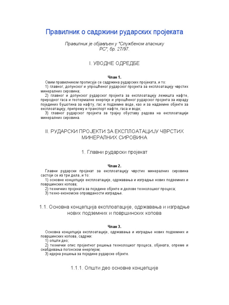Pravilnik o Sadrzini Rudarskih Projekata 27 97 PDF | PDF