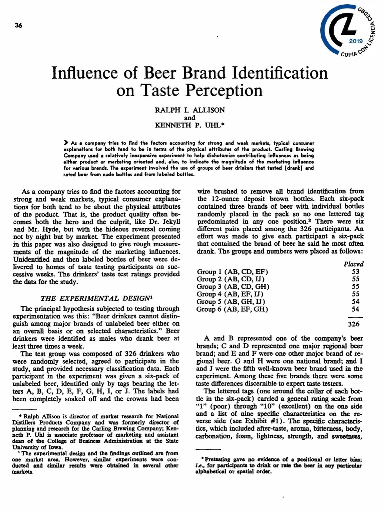 Influence of Beer Brand Identification On Taste Perception | PDF