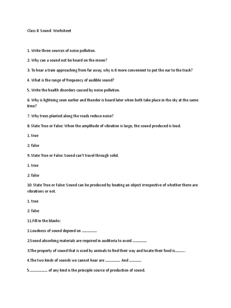 Class 8 Sound Worksheet | PDF