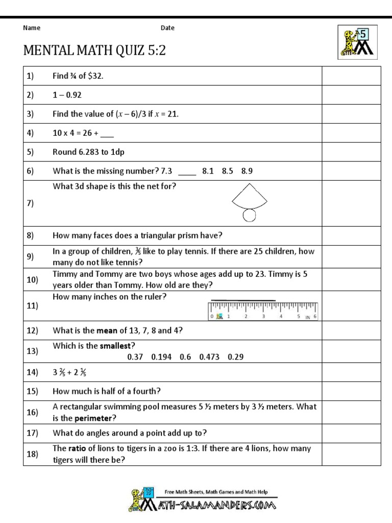 Mental Math 5th Grade 2 | PDF