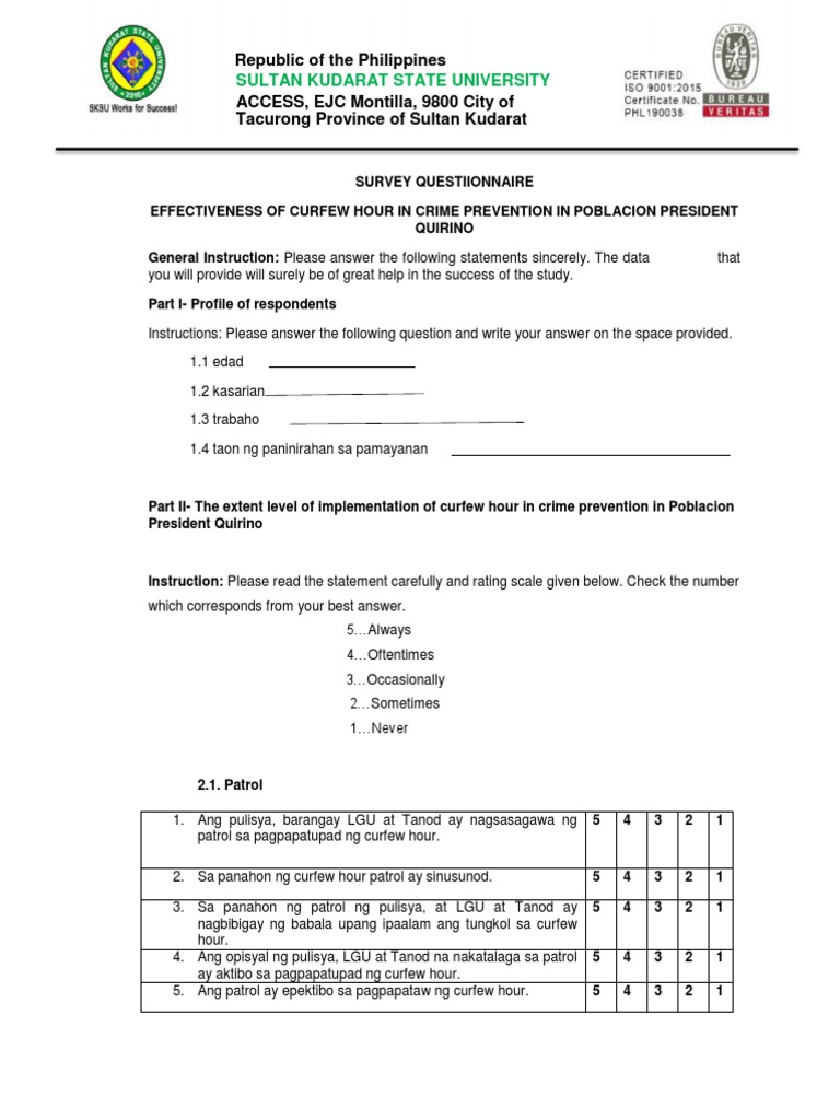 Survey Questiionnaire Tagalog | PDF