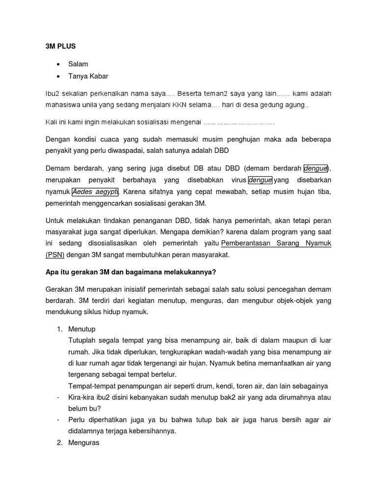MENGENAL GERAKAN 3M PLUS DALAM PENCEGAHAN DEMAM BERDARAH DENGUE | PDF