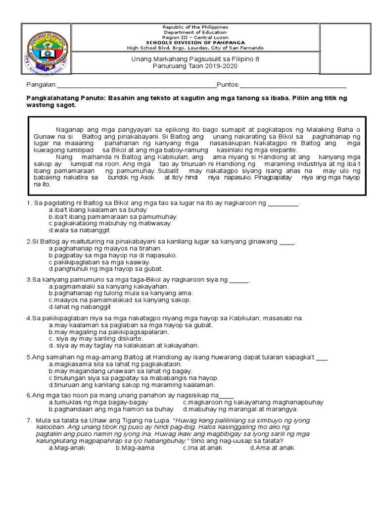 Filipino 8 Unang Markahan | PDF