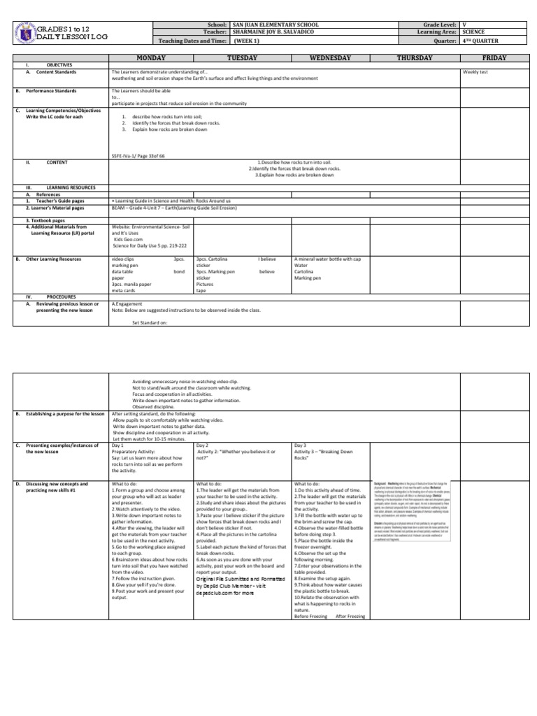 DLL - Science 5 - Q4 - W1 | PDF | Differentiated Instruction | Teachers