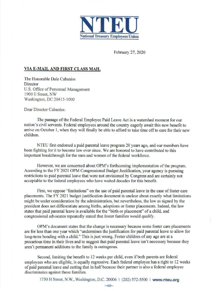 NTEU Letter Re: Paid Parental Leave Implementation | PDF