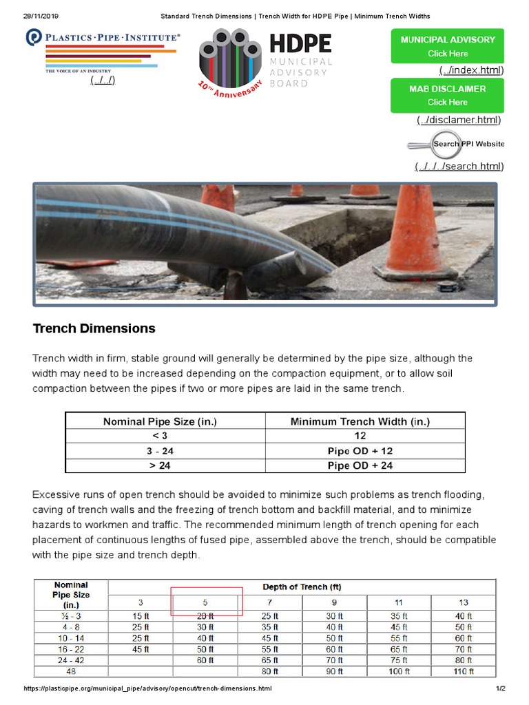 Standard Trench Dimensions - Trench Width For HDPE Pipe - Minimum Trench Widths | Download Free ...