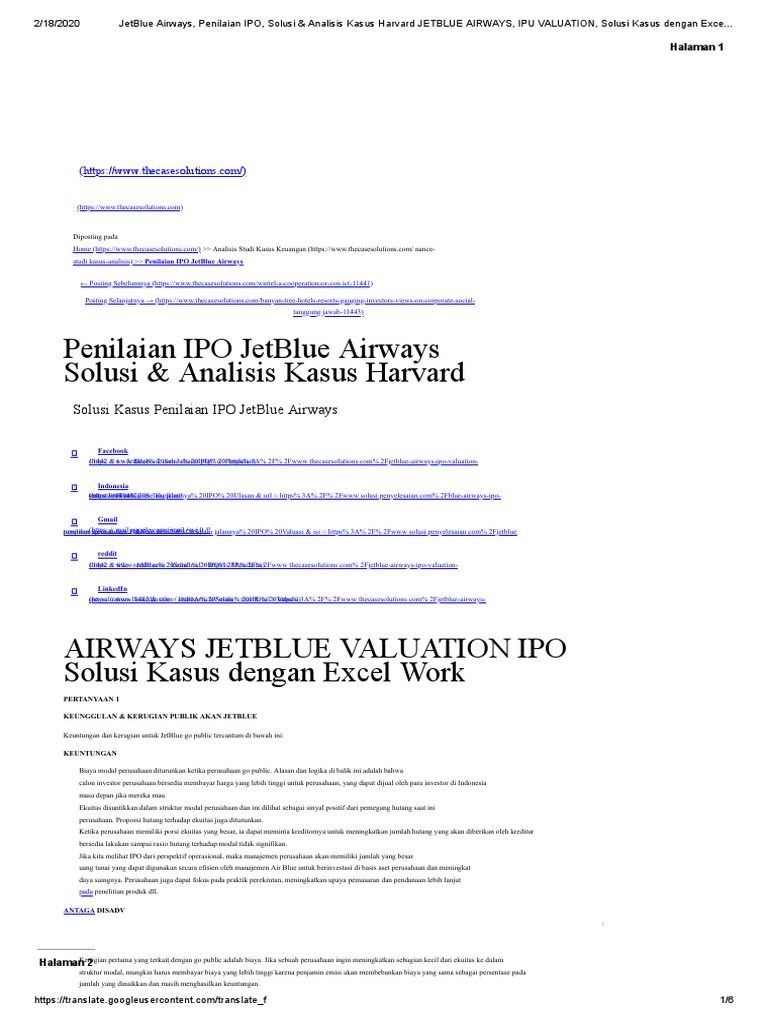 JetBlue Airways, Penilaian IPO, Solusi & Analisis Kasus Harvard JETBLUE AIRWAYS, IPU VALUATION ...