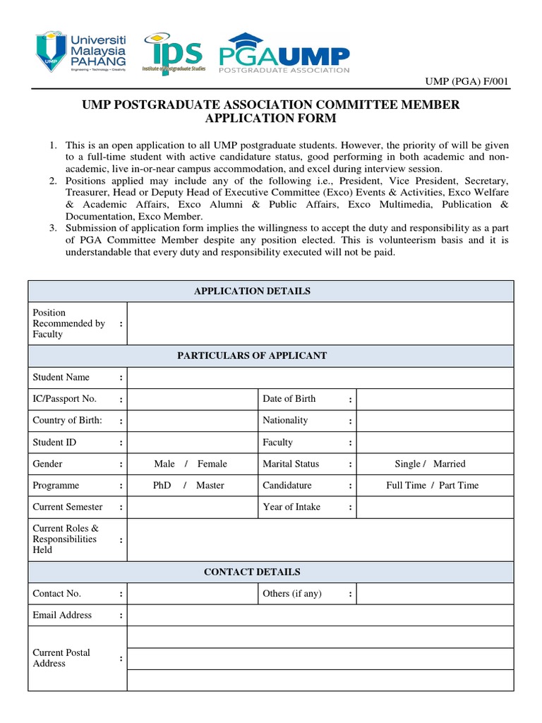 UMP (PGA) Committee Application Form | PDF | Postgraduate Education ...