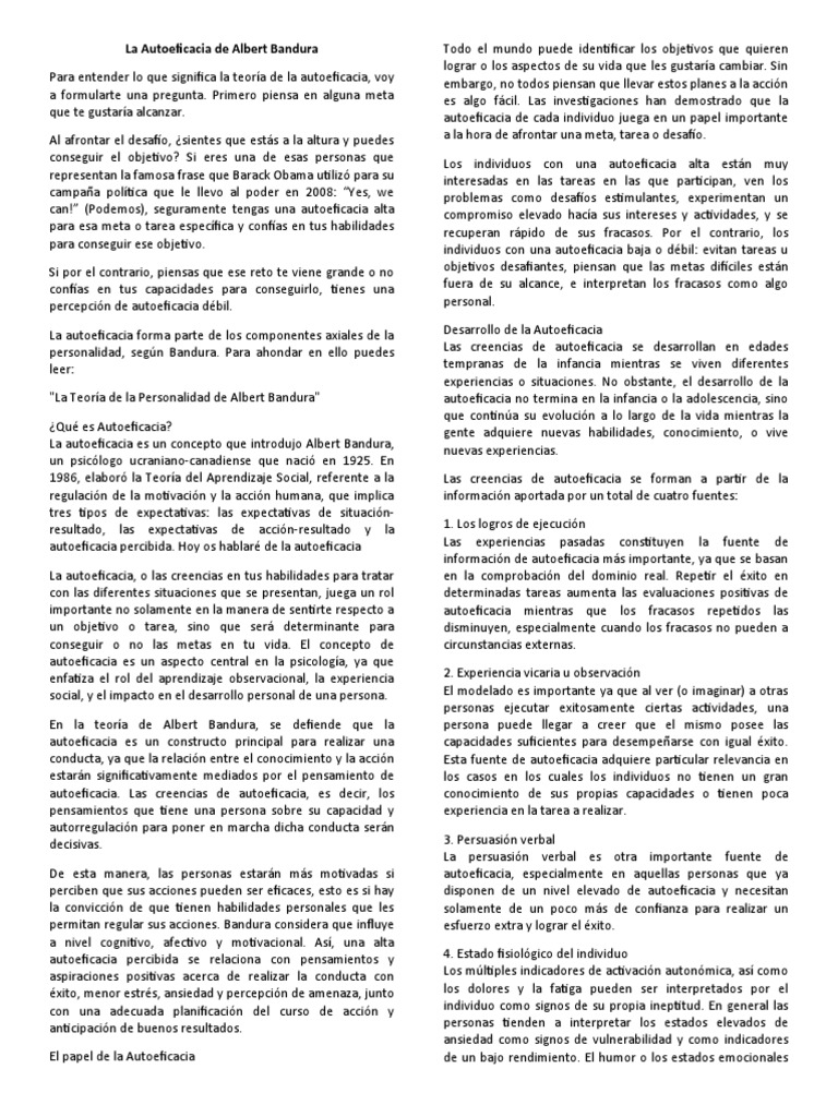 La Autoeficacia de Albert Bandura | PDF | Autoeficacia | Sicología