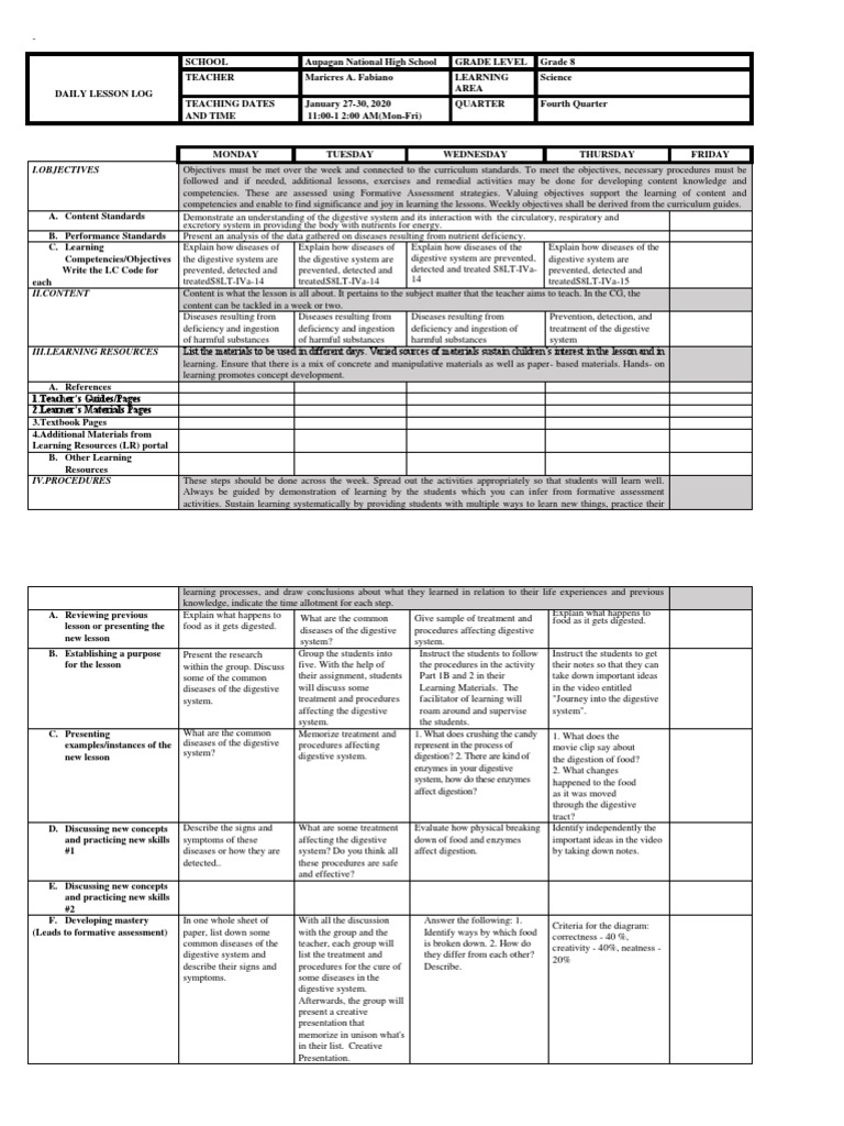 DLL Science 8-4thQ-2 | PDF | Digestion | Learning