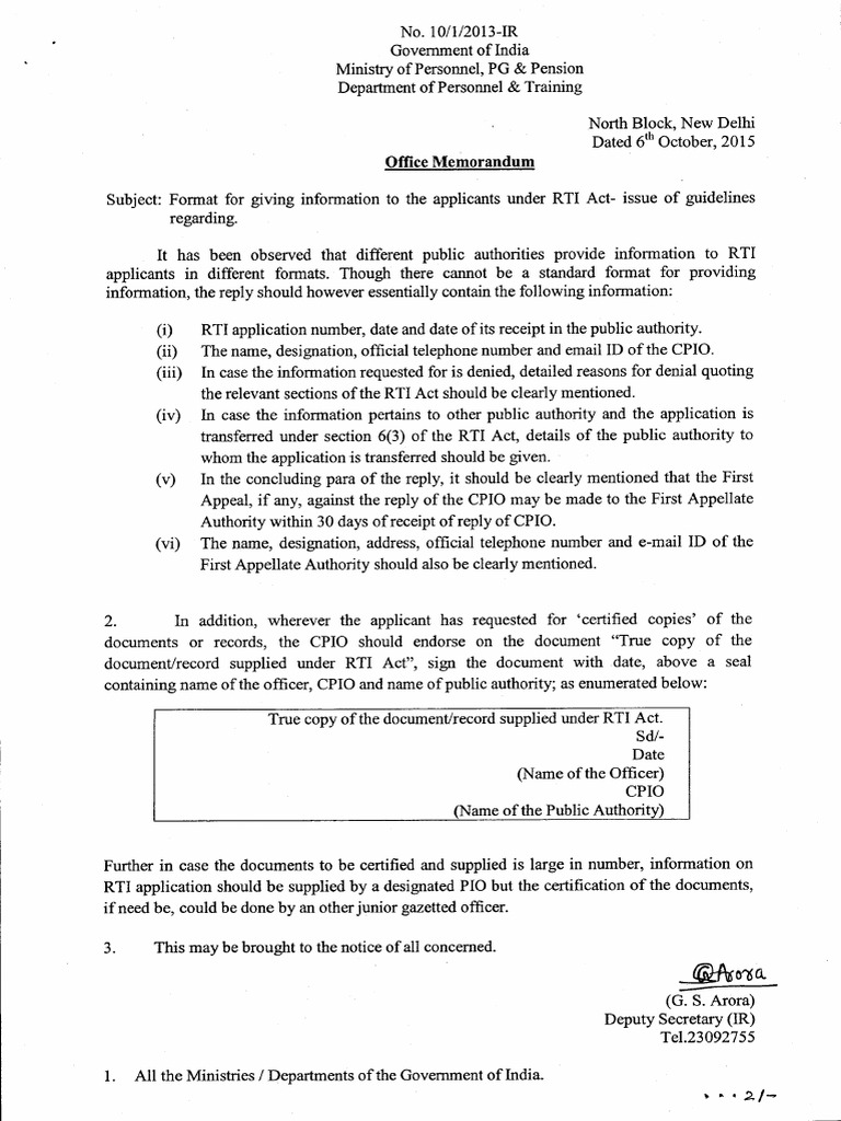 DoPT OM DT 6-10-2015 On Format of Reply and Certified Copy - 10 - 1 ...