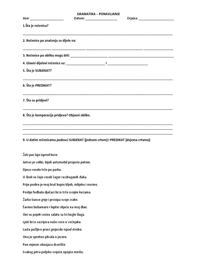 Subjekat I Predikat, Koparacija Pridjeva | PDF