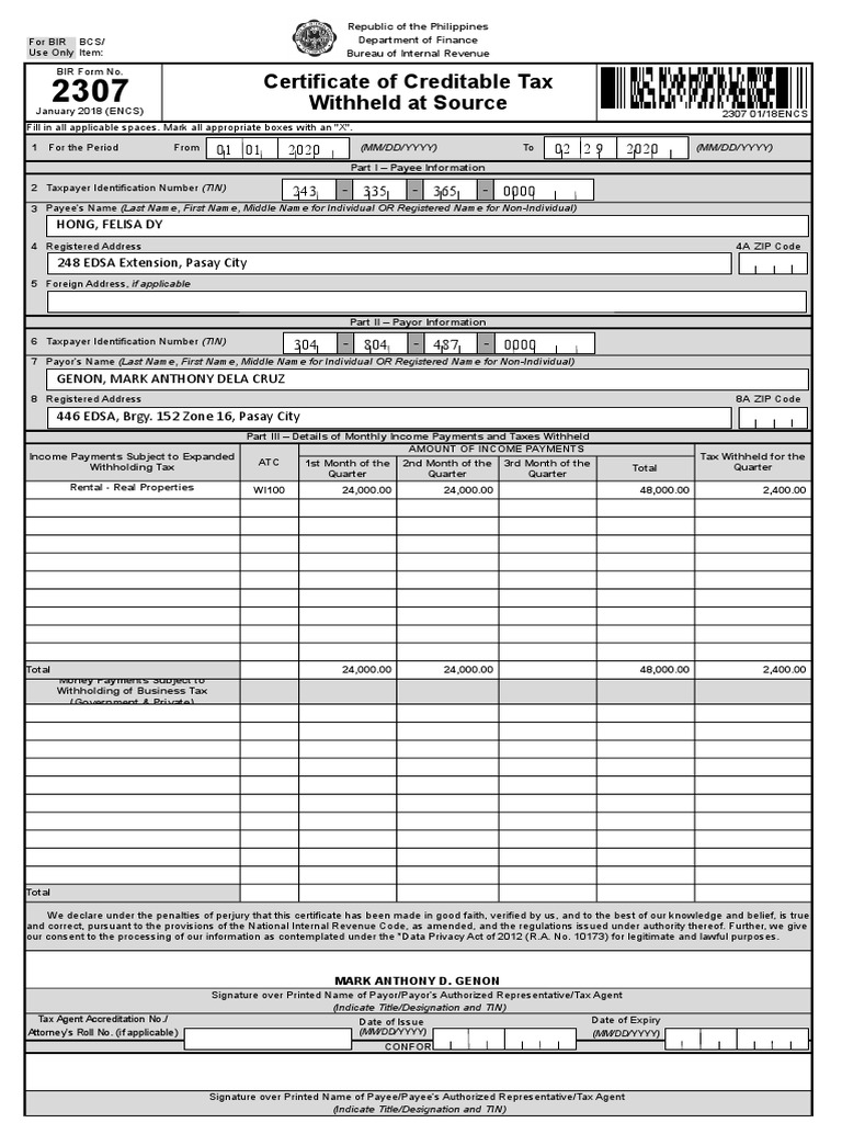 2307 Jan - Feb 2020 | PDF | Withholding Tax | Value Added Tax