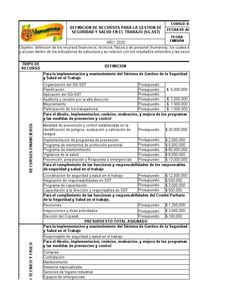 Presupuesto SG-SST 2020 Detallado | PDF | Presupuesto | Business