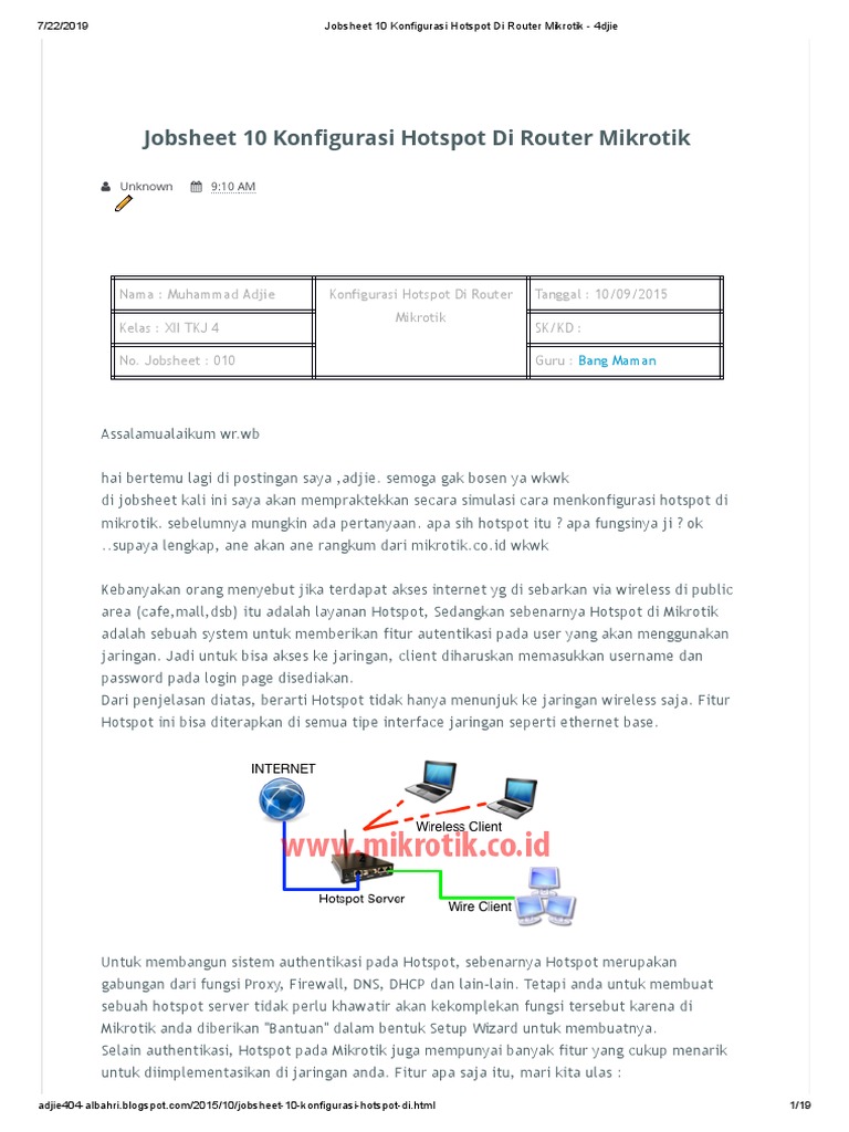 Jobsheet 10 Konfigurasi Hotspot Di Router Mikrotik - 4djie PDF | PDF ...
