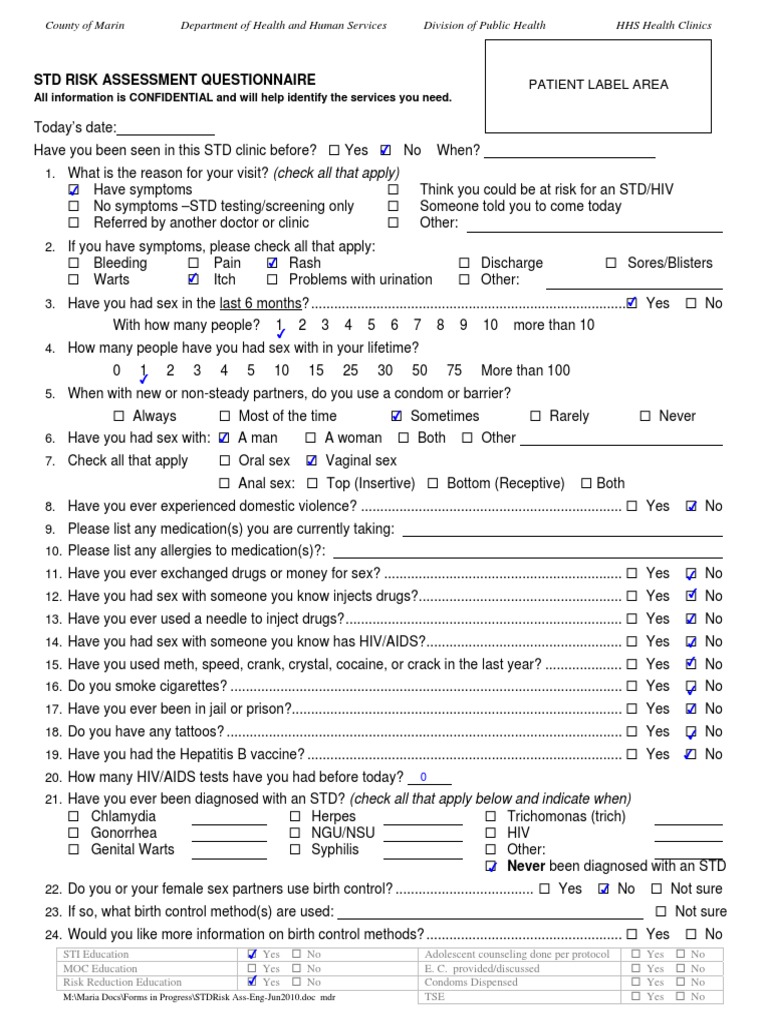 STD Risk Assessment Questionnaire | PDF | Sexually Transmitted ...