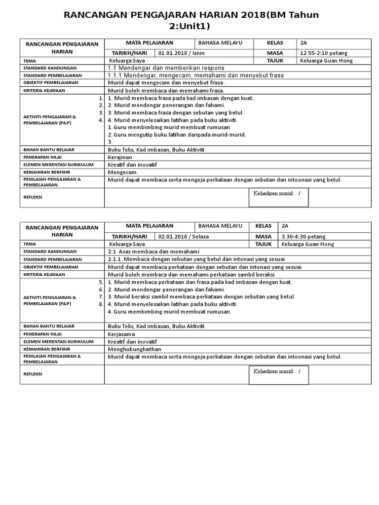 RPH BM Tahun 2 (Unit 1) | PDF