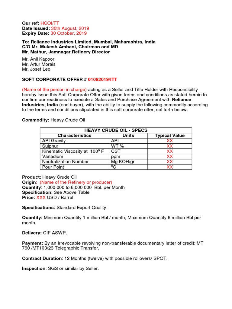 Soft Corporate Offer Rev 1 | PDF | Barrel (Unit) | Sales