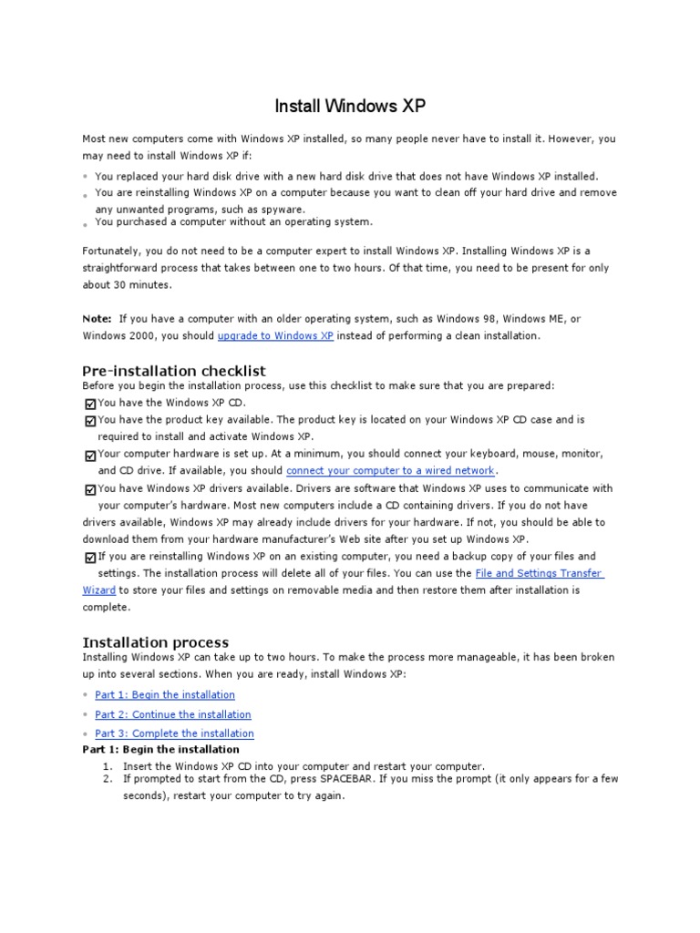 Install Windows XP: Pre-Installation Checklist | PDF | Microsoft Windows | Installation ...