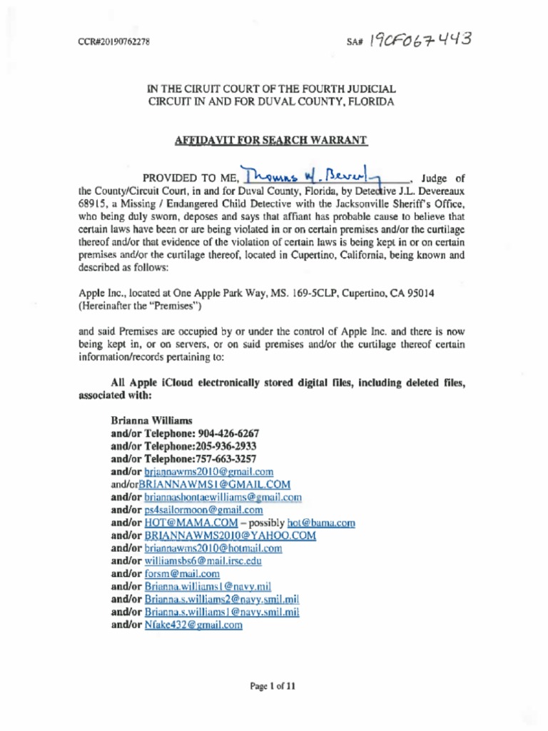 Affidavit For Search Warrant - Brianna Williams | PDF