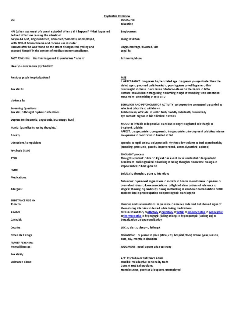 Psychiatric Interview Template | PDF
