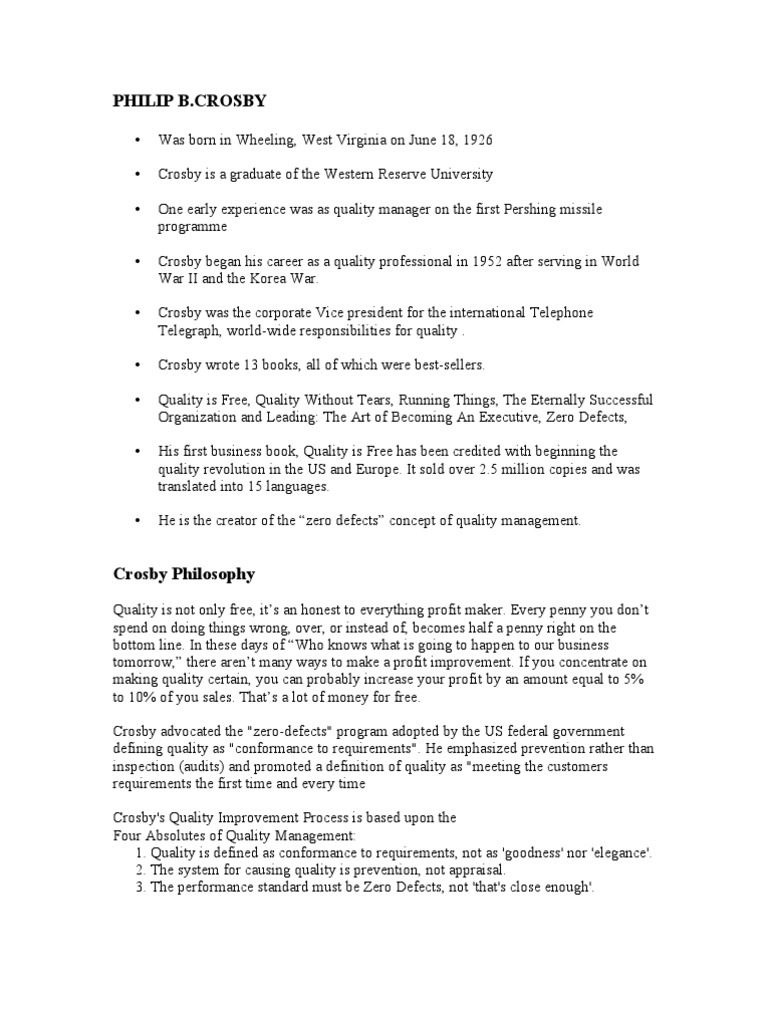 Philip B. Crosby: His Philosophy and Achievements in Promoting Total ...
