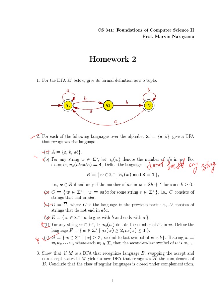 CS 341 Homework 2: DFAs, Regular Languages | PDF