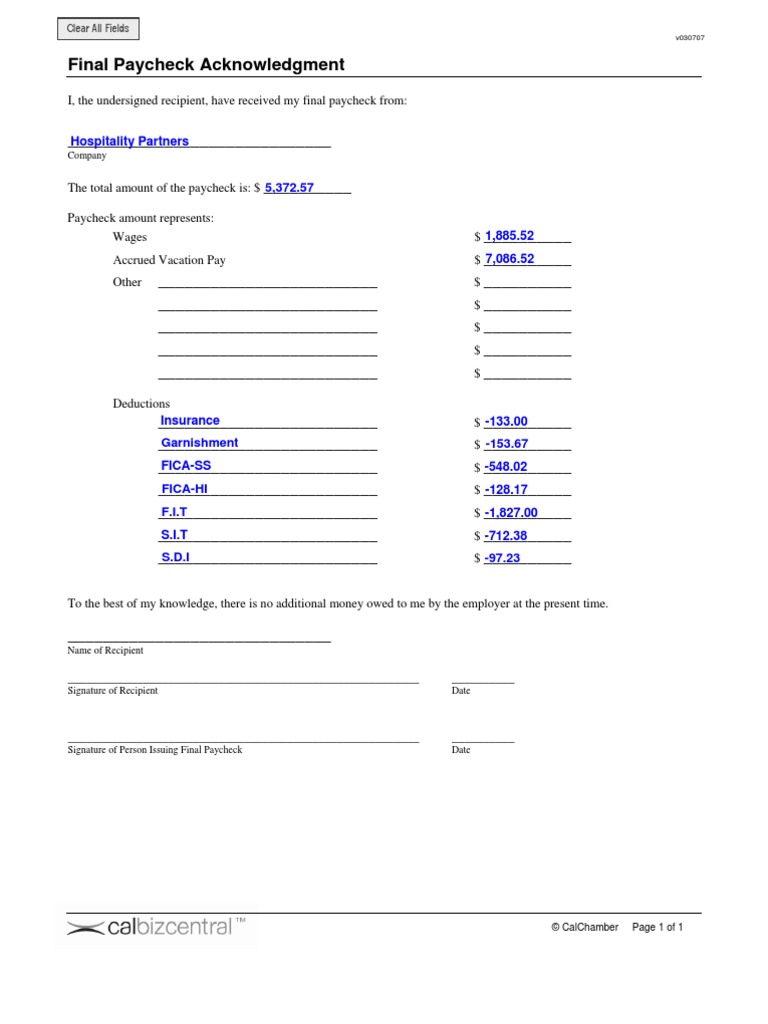 Final Paycheck Acknowledgment-KH | PDF | Paycheck | Payroll
