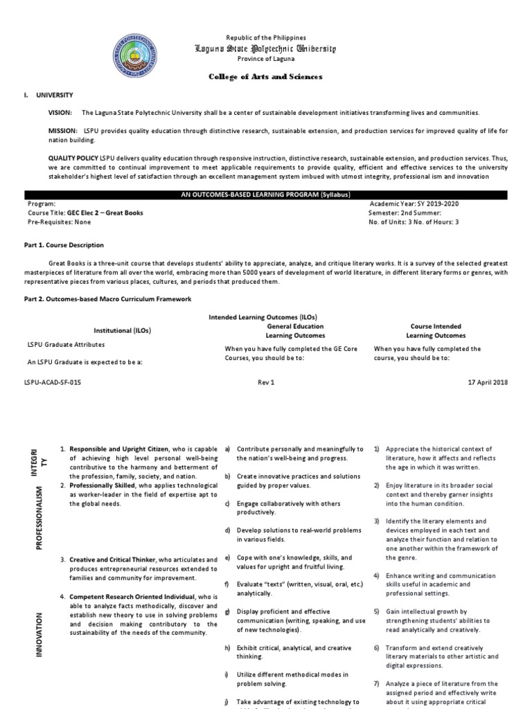 Great Books Course Syllabus Overview | PDF | Creativity | Odyssey