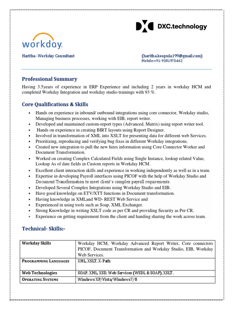 Workday Consultant Resume | PDF | Web Service | Xslt