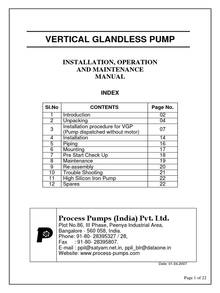 Installation Procedure For Vertical Glandless Process Pump | Download ...