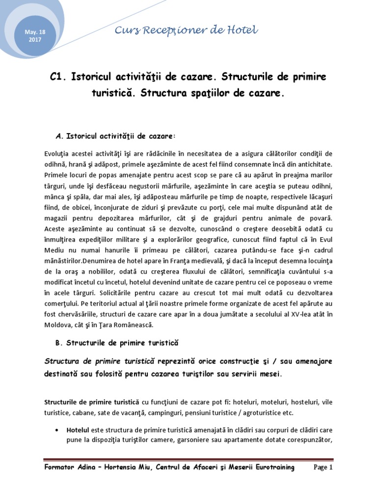 C1-Structuri de Primire Turistica. Structura Spaţiilor de Cazare. | PDF