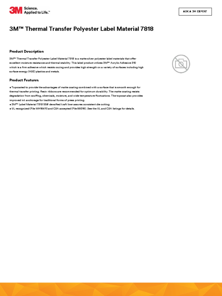 3M Thermal Transfer Polyester Label Material 7818 | PDF