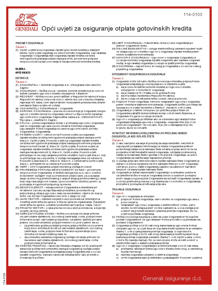 Opci Uvjeti Za Osiguranje Otplate Gotovinskih Kredita Generali Osiguranje | PDF