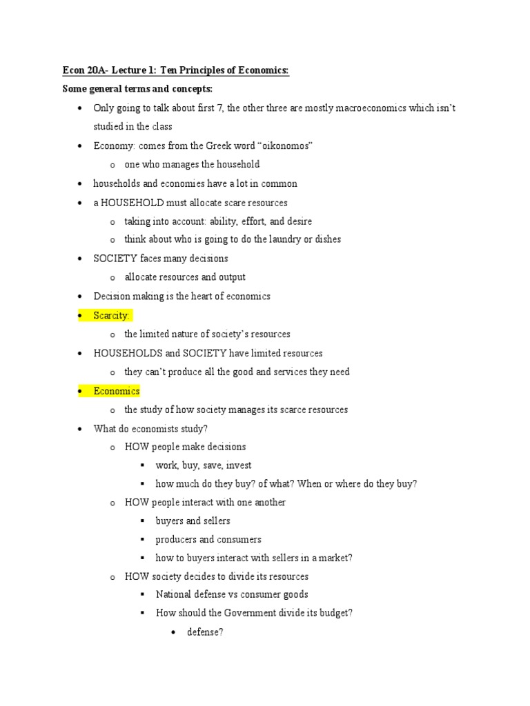 Econ 20A Lecture 1 The Ten Principles of Economics | PDF