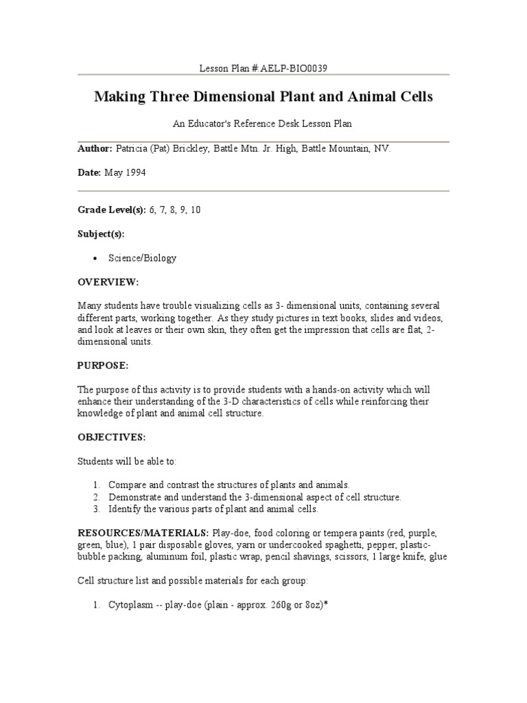 3D Plant and Animal Cell Lesson Plan | PDF | Eukaryotes | Cell (Biology)