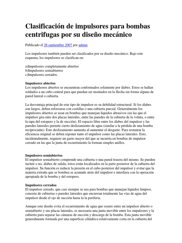 Tipos de impulsores en bombas centrífugas | PDF