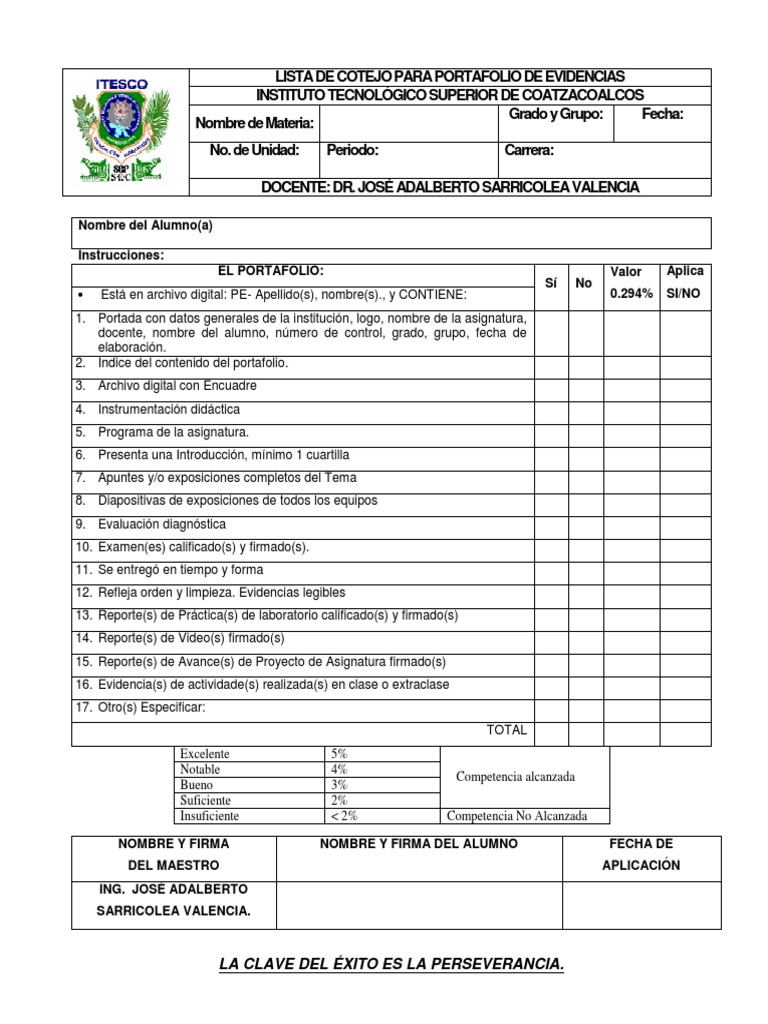 Formato IE Lista de Cotejo para Portafolio de Evidencias - Dr. Jose A ...