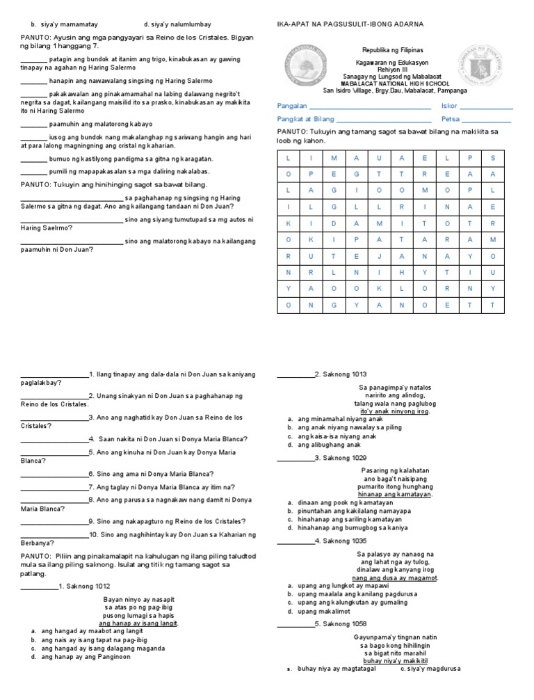 Ika-Apat Pagsusulit Sa Ibong Adarna | PDF