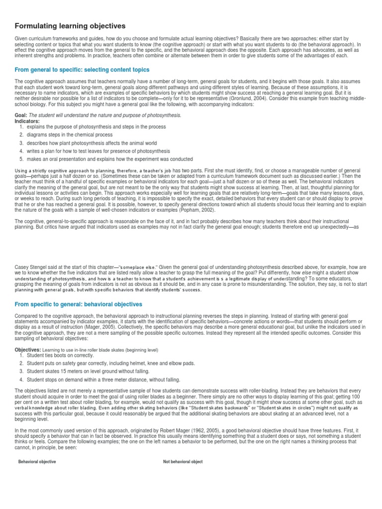 Formulating Learning Objectives | PDF