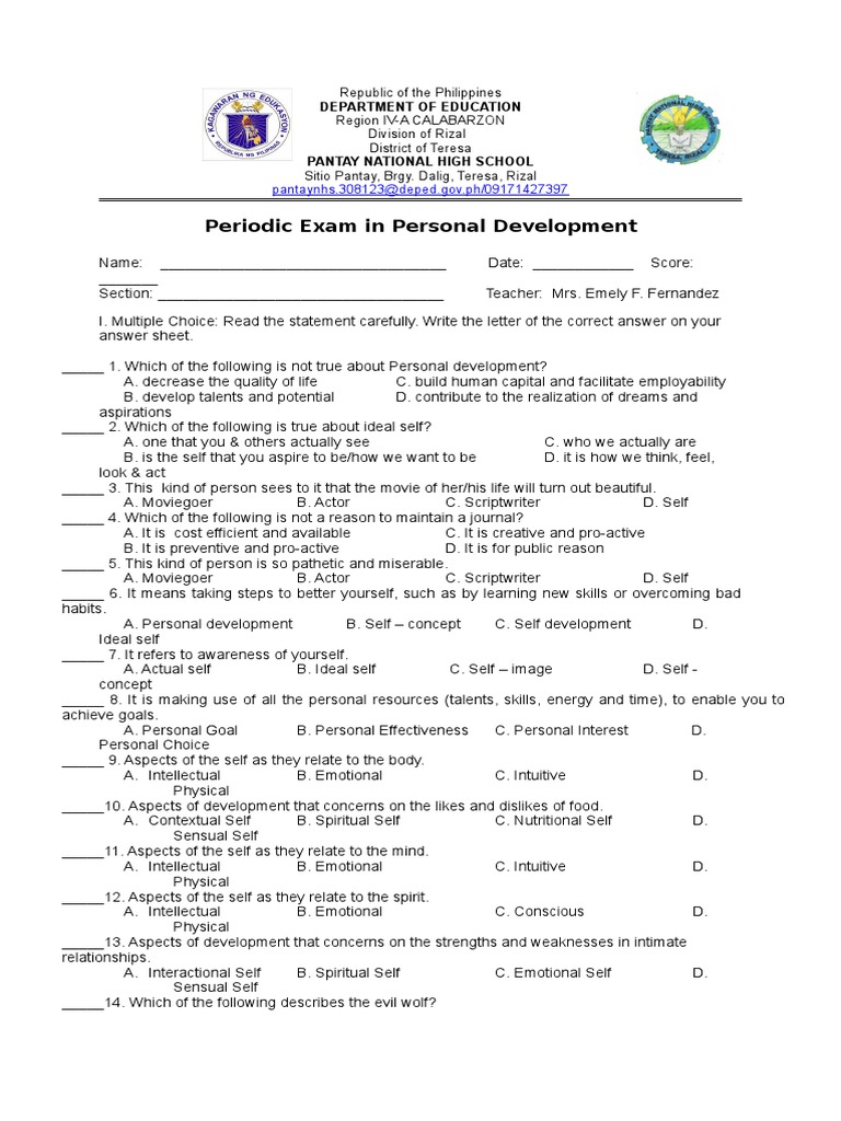 Grade 11 Personal Development Exam | PDF
