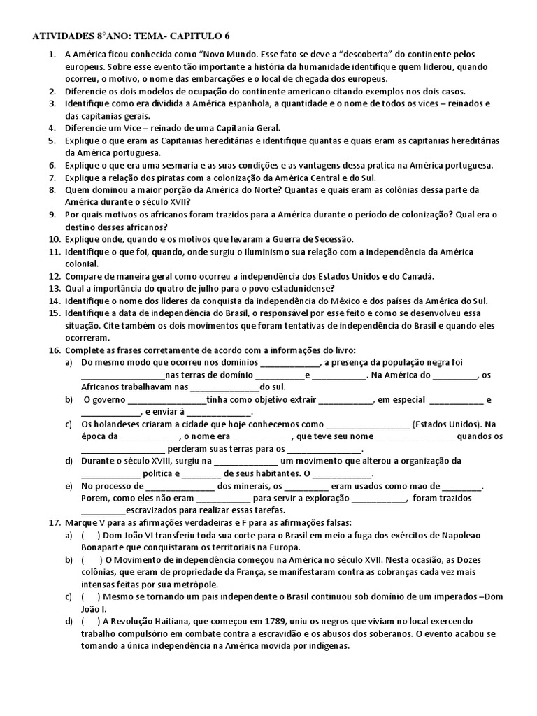 ATIVIDADES 8 e 9 Ano | PDF